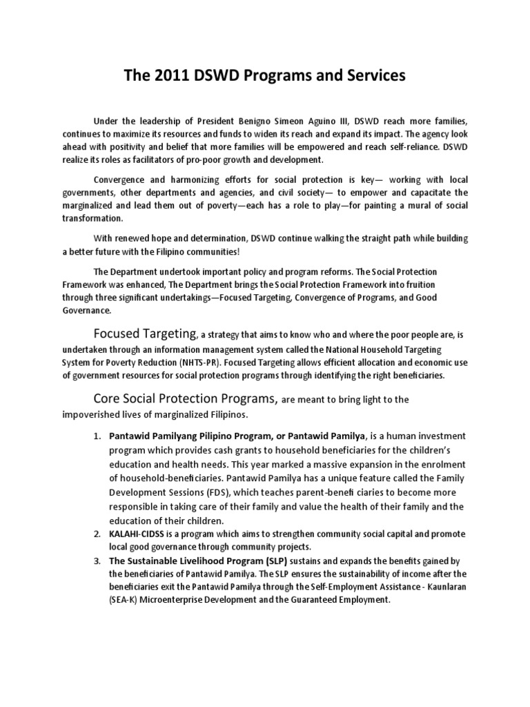 DSWD 2011 Programs and Services Overview | PDF | Social Protection ...