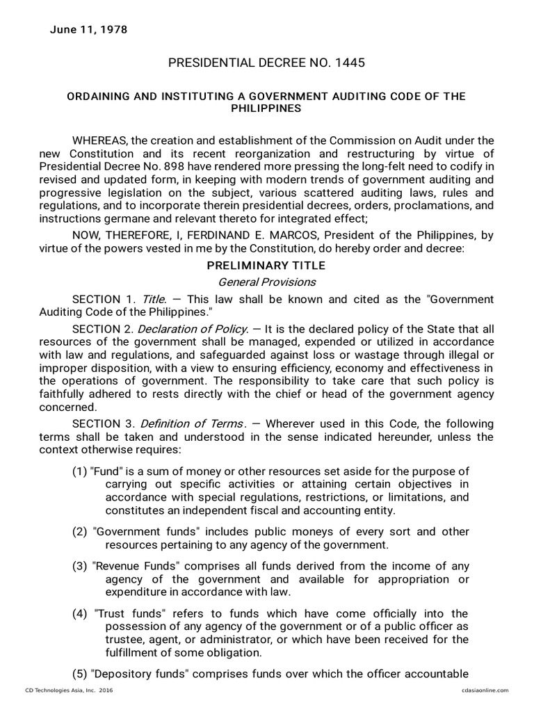 Presidential Decree No. 1445: General Provisions Title Declaration of ...