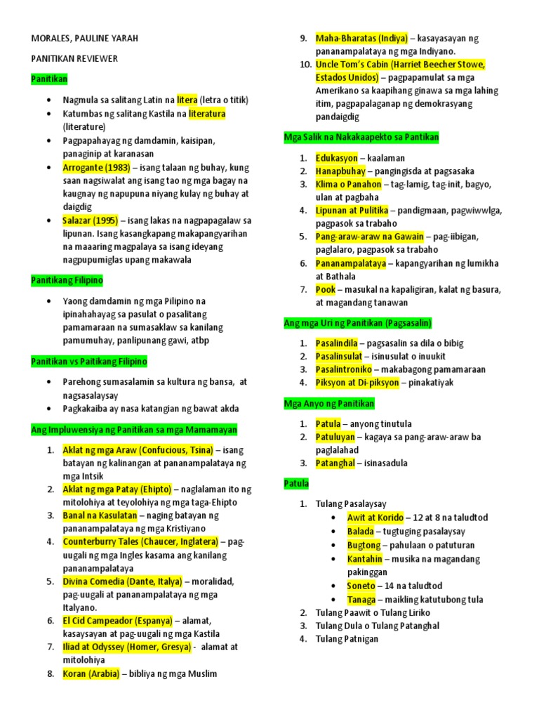 Panitikan Midterms Reviewer | PDF