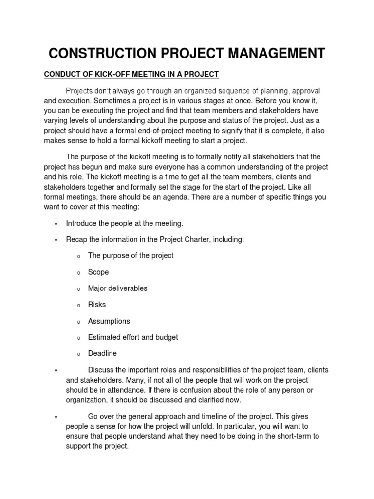Construction Project Management: Conduct of Kick-Off Meeting in A ...