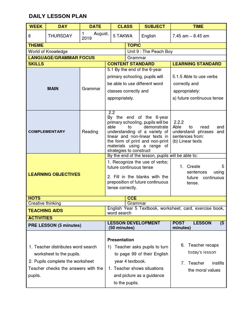 Daily Lesson Plan: Complementary | PDF | English Language | Teachers