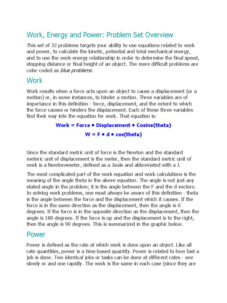 Work, Energy and Power: Problem Set Overview: Blue Problems | PDF ...
