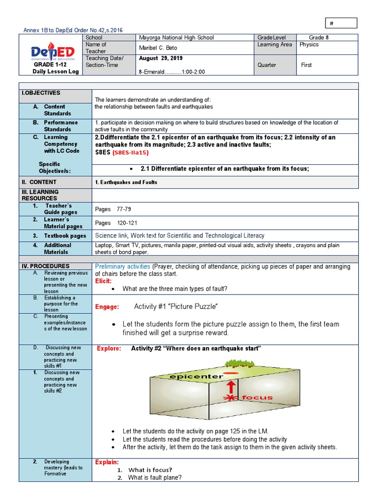 Lesson Plan on Earthquakes and Faults | PDF | Earthquakes | Teachers