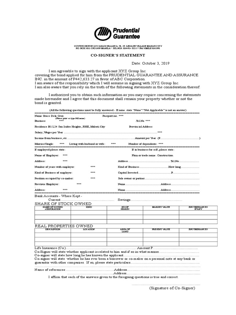 Co-Signer Statement Document Providing Personal and Financial Details ...