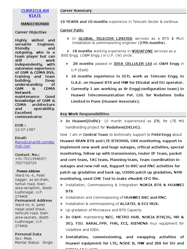 Manoj Kumar Resume | PDF | Lte (Telecommunication) | Telecommunications