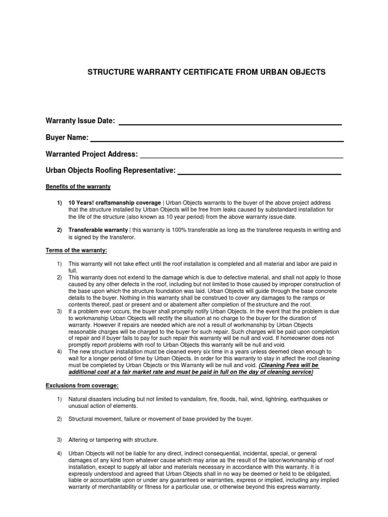 Urban Objects Structural Warranty Certificate | PDF | Civil Law (Legal ...