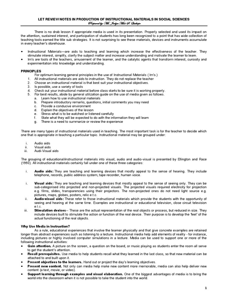 Let Review Notes in Production of Instructional Materials in Social ...