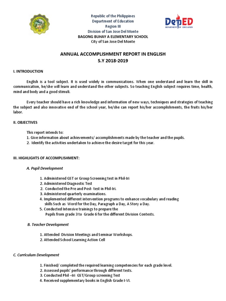 Annual Accomplishment Report in English | PDF | Teachers ...