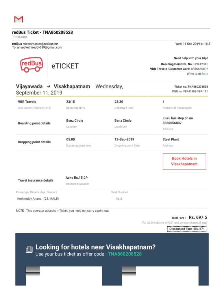 Gmail - RedBus Ticket - TNA860208597 | PDF | Ticket (Admission) | Baggage