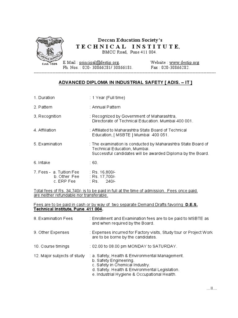 Information Brochure of ADIS Course For 2018-19 | PDF | Safety ...
