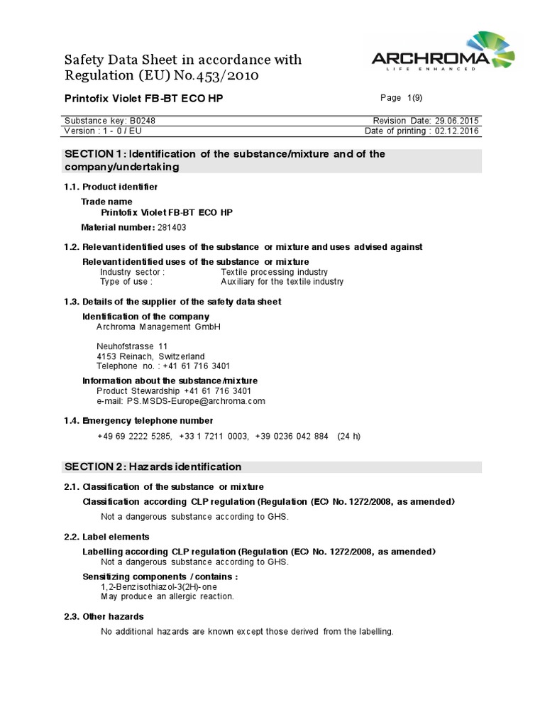 Arcroma Printofix Violet FB-BT ECO HP | PDF | Toxicity | Environmental ...