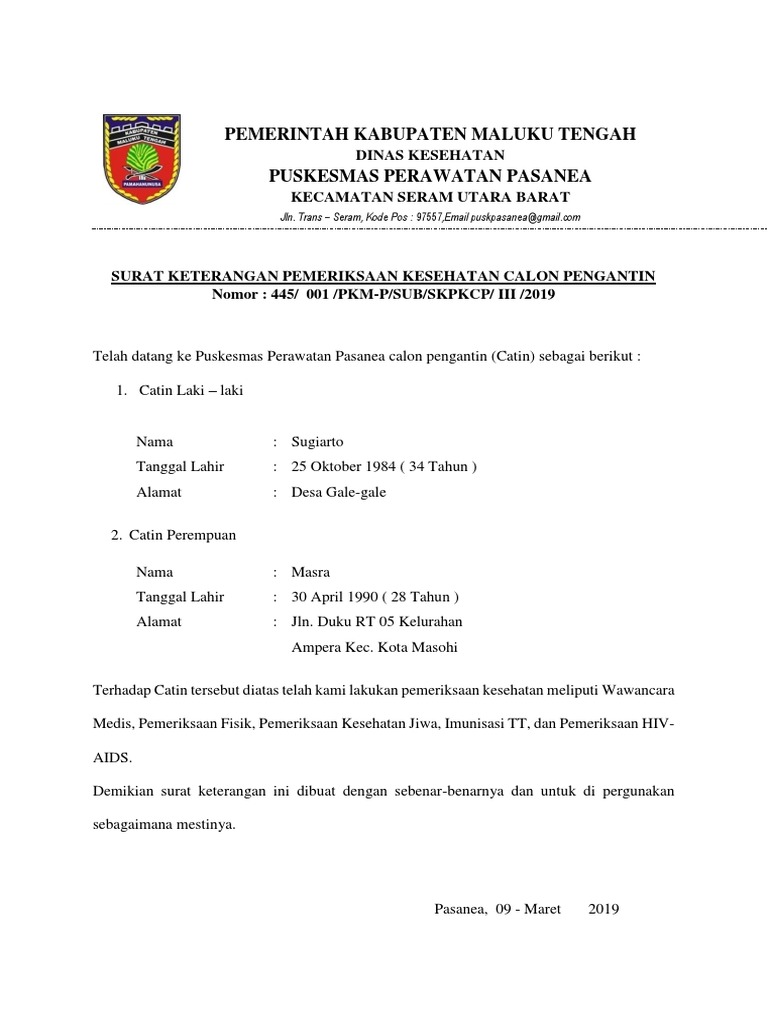 Surat Keterangan Sehat Catin 2019 | PDF