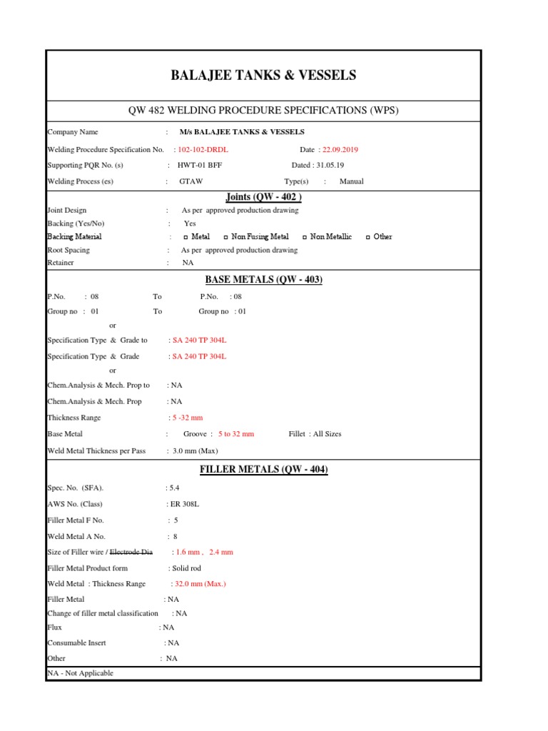 Balajee Tanks & Vessels: QW 482 Welding Procedure Specifications (WPS ...