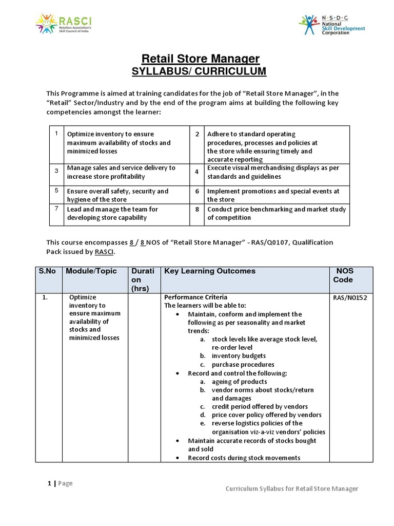 Curriculum Syllabus Template Level - 7 Retail Store Manager | PDF ...