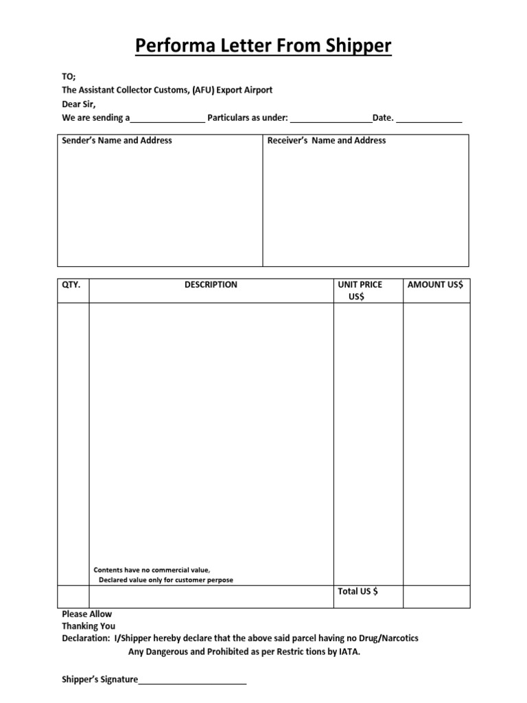 Performa Letter From Shipper: Contents Have No Commercial Value ...