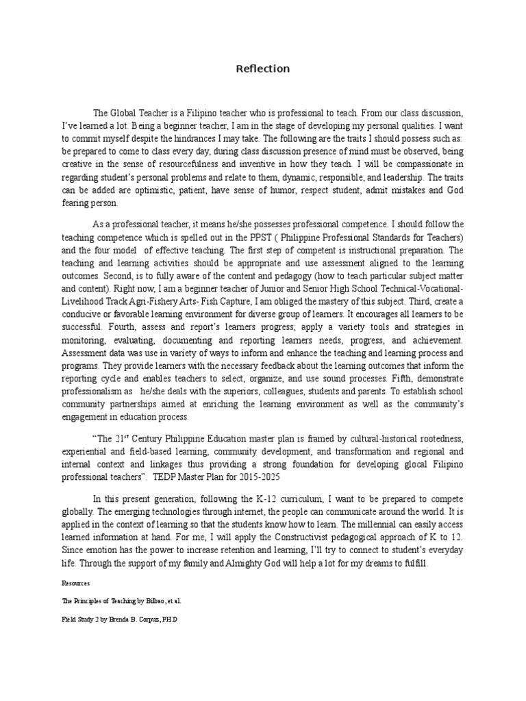 Reflection on Teaching Profession Practices | PDF | Learning ...