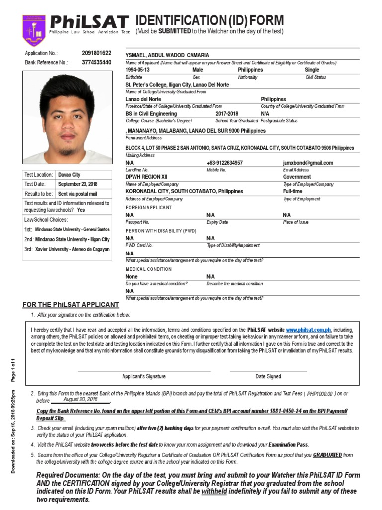 Identification (Id) Form: (Must Be SUBMITTED To The Watcher On The Day ...