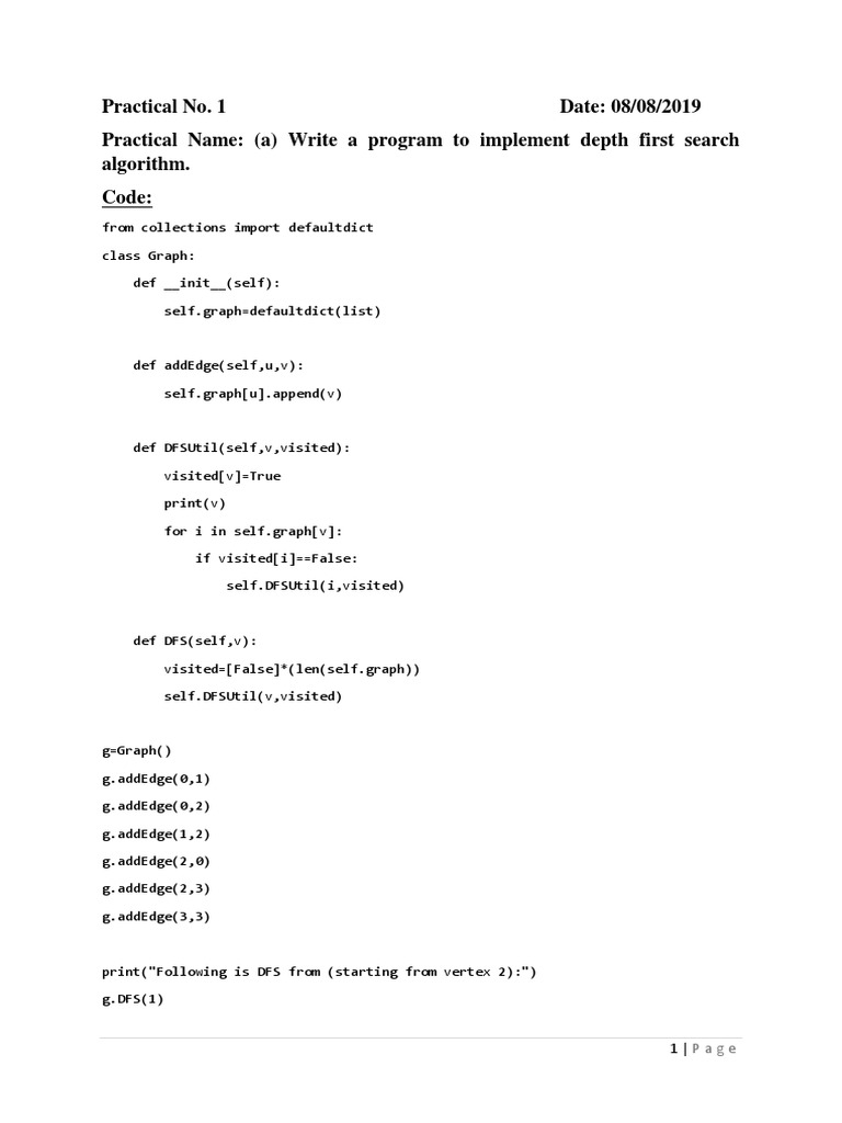 Practical No. 1 Date: 08/08/2019 Practical Name: (A) Write A Program To Implement Depth First ...
