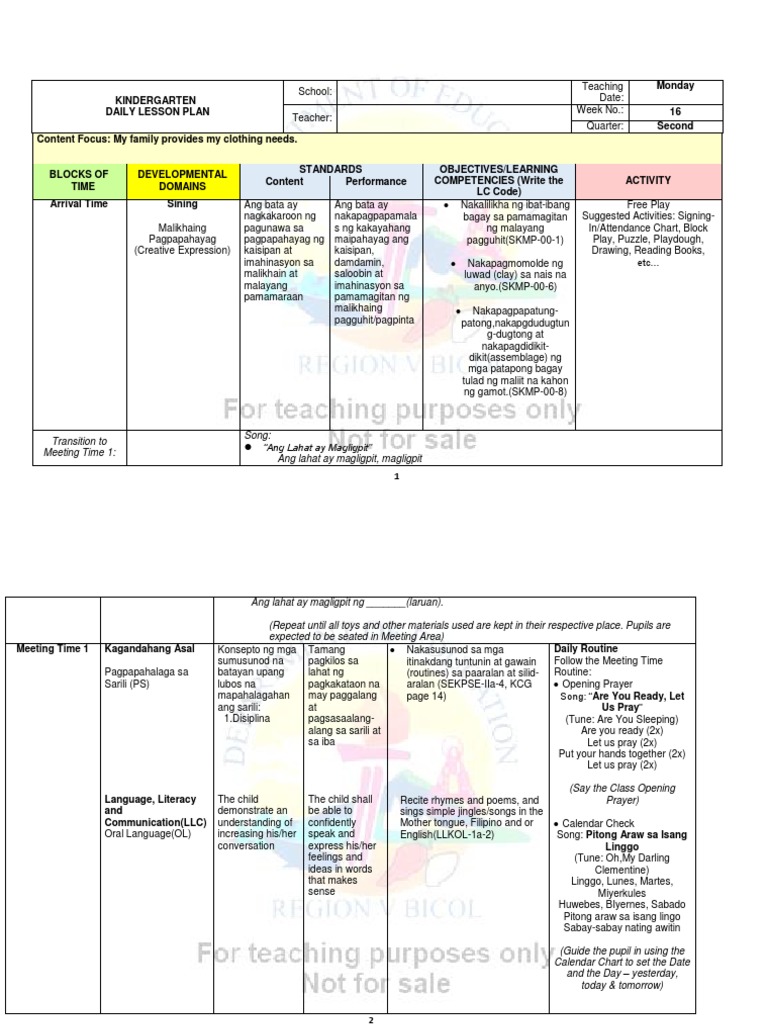 Kindergarten Lesson Plan: Clothing and Care | PDF | Literacy | Reading ...