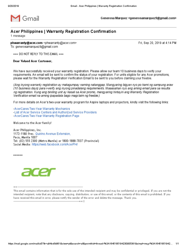 Gmail - Acer Philippines - Warranty Registration Confirmation | PDF ...