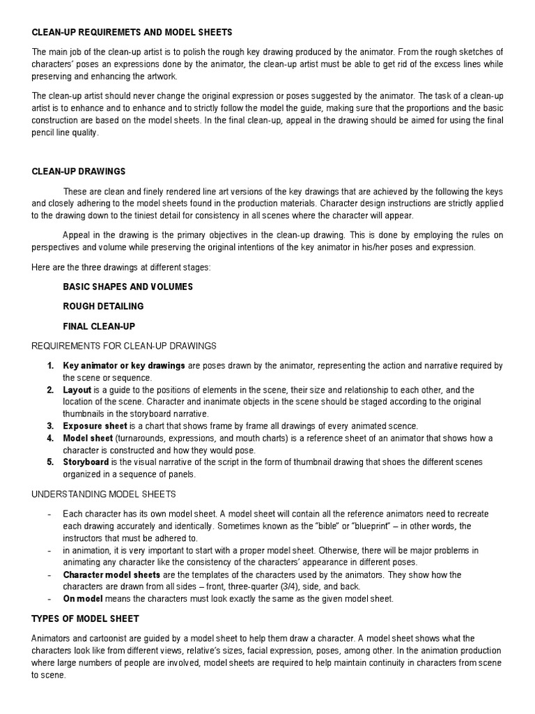 Clean-Up Requirements and Model Sheet | PDF | Drawing | Psychological ...