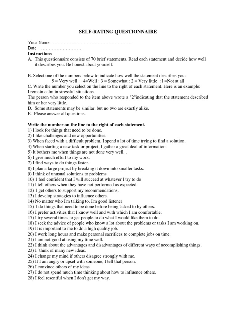 Self-Rating Questionnaire Guide | PDF | Psychological Concepts | Cognition