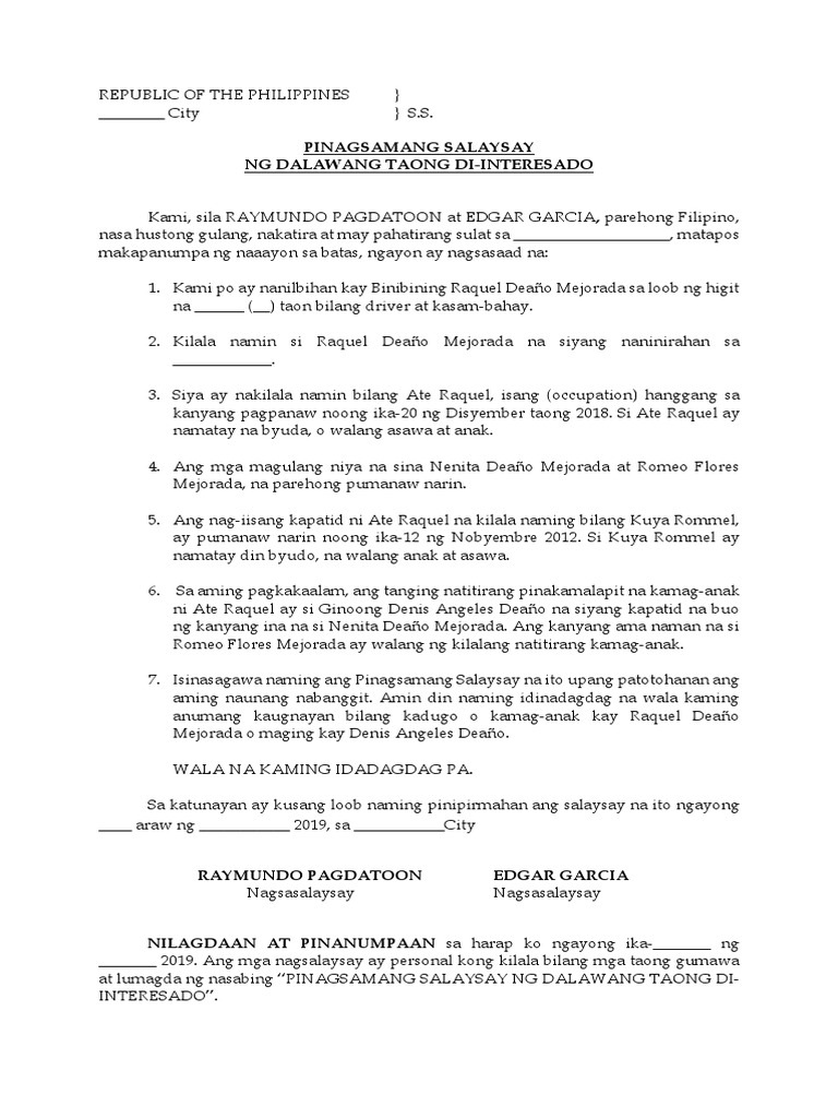 Affidavit of Two Disinterested Persons (TAGALOG) | PDF