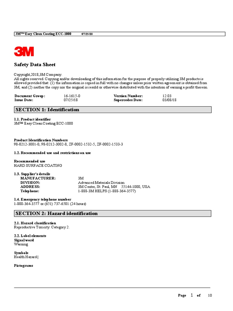 Safety Data Sheet: 3M™ Easy Clean Coating ECC-1000 | PDF | Toxicity ...