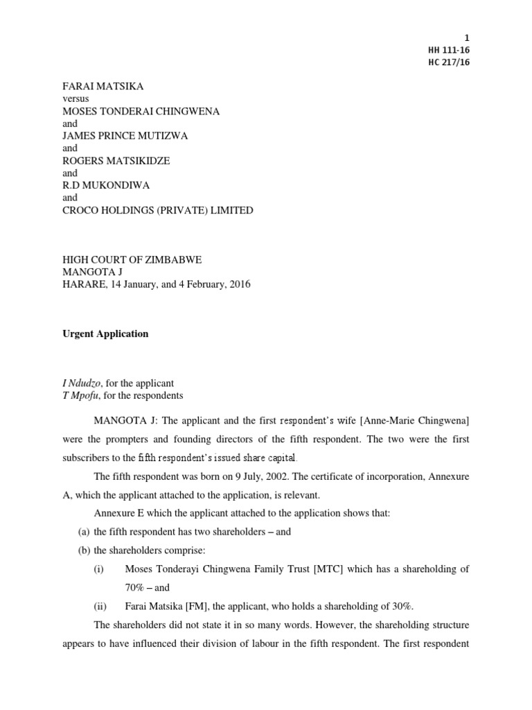 Farai Matsika vs. Moses Chingwena Case | PDF | Breach Of Contract ...