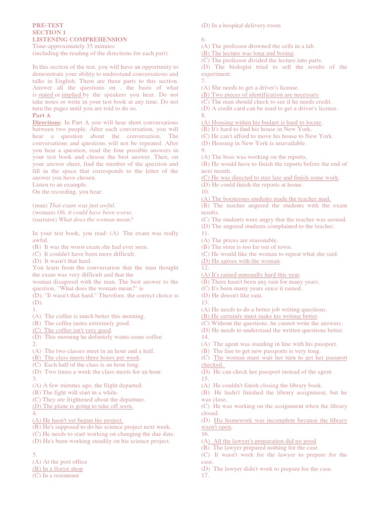Pre-Test Section 1 Listening Comprehension | PDF | Question | Test ...