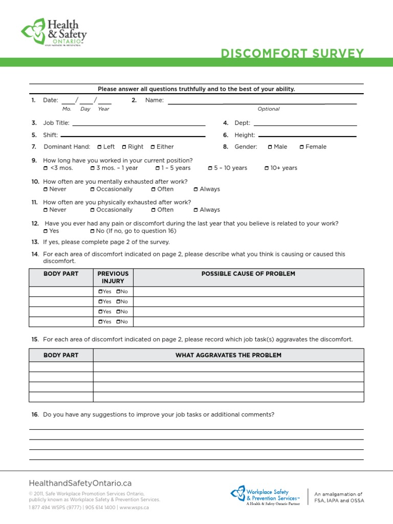 Discomfort Survey: Mo. Day Year Optional | PDF | Elbow ...