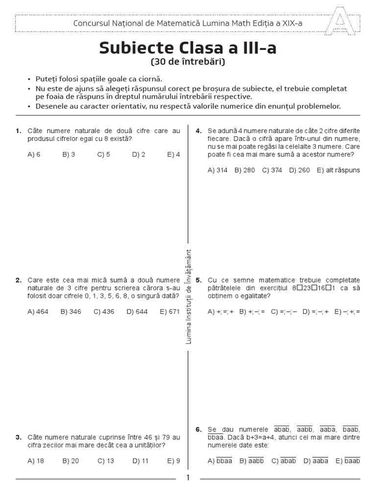 Subiecte Lumina Math - Clasa III - Editia XIX | PDF