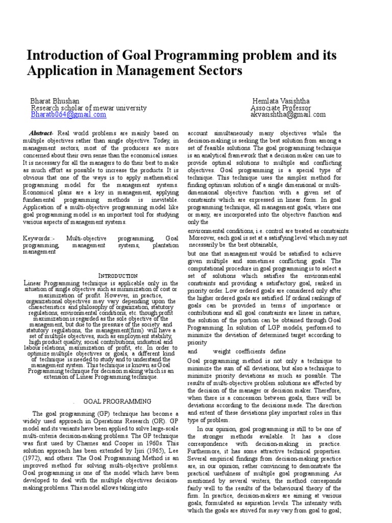 Introduction of Goal Programming Problem and Its Application in Management Sectors | PDF ...