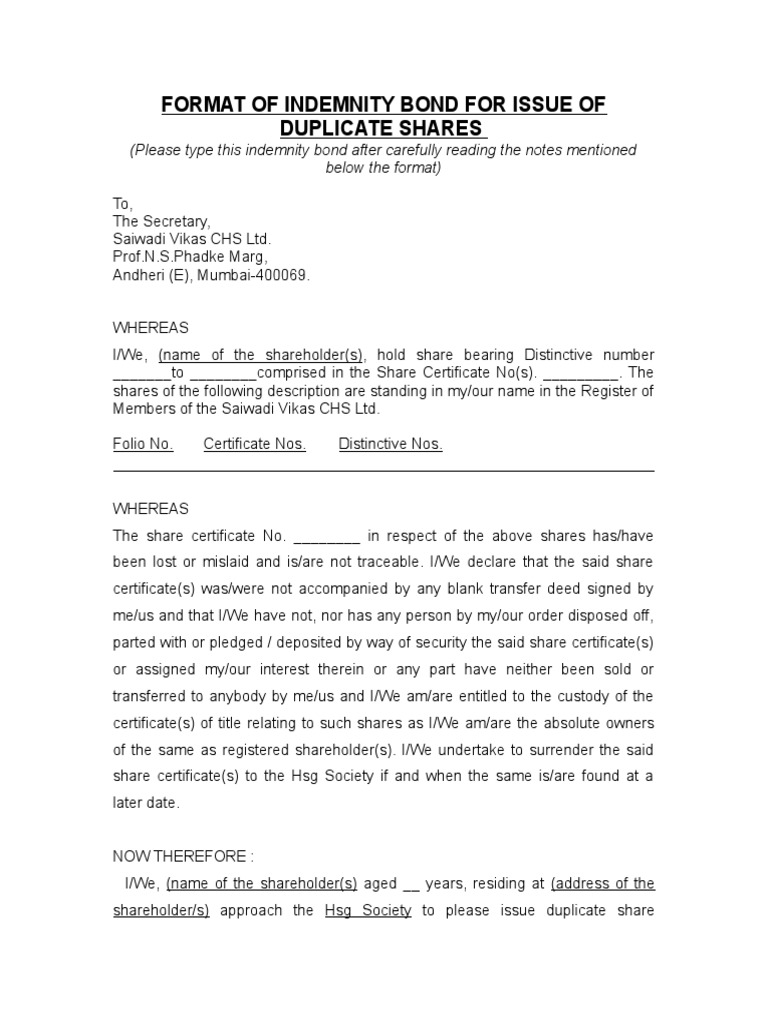 Format of Indemnity Bond For Issue of Duplicate Shares | PDF | Notary ...