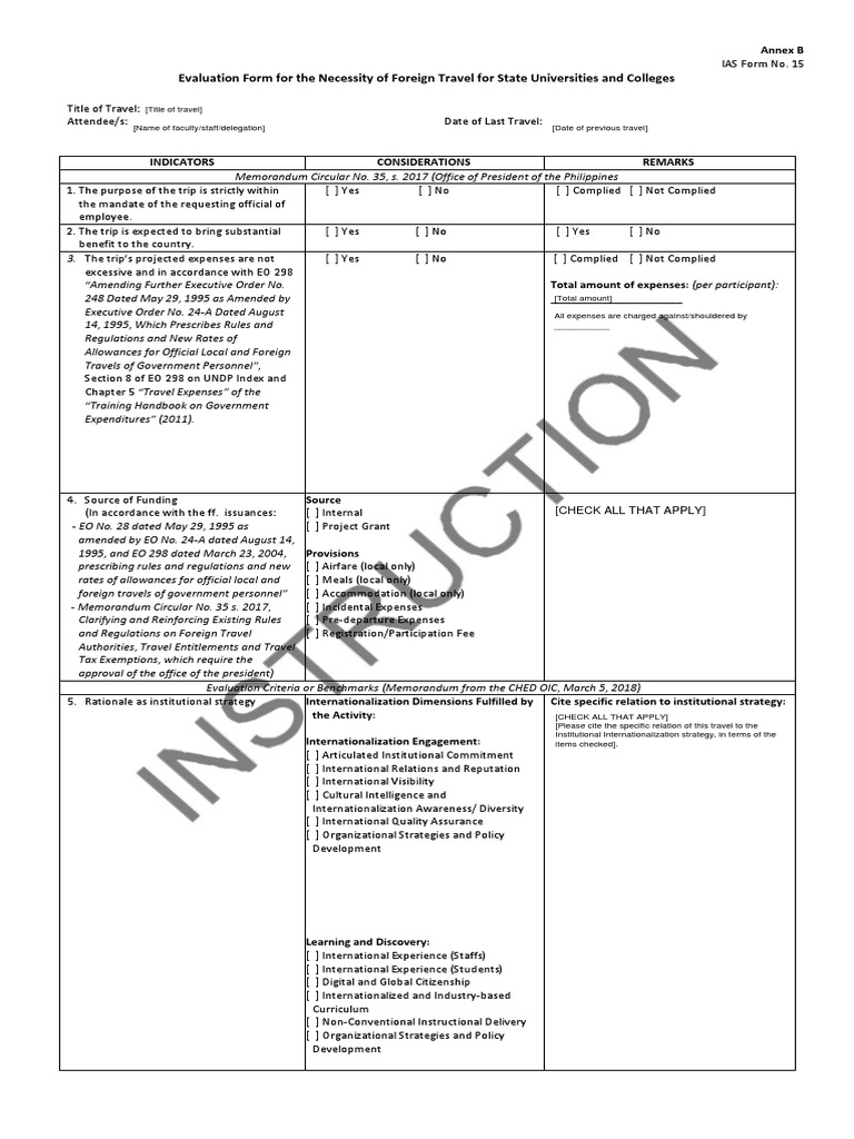 IAS Form 15: Foreign Travel Evaluation | PDF | Presidents Of The United ...