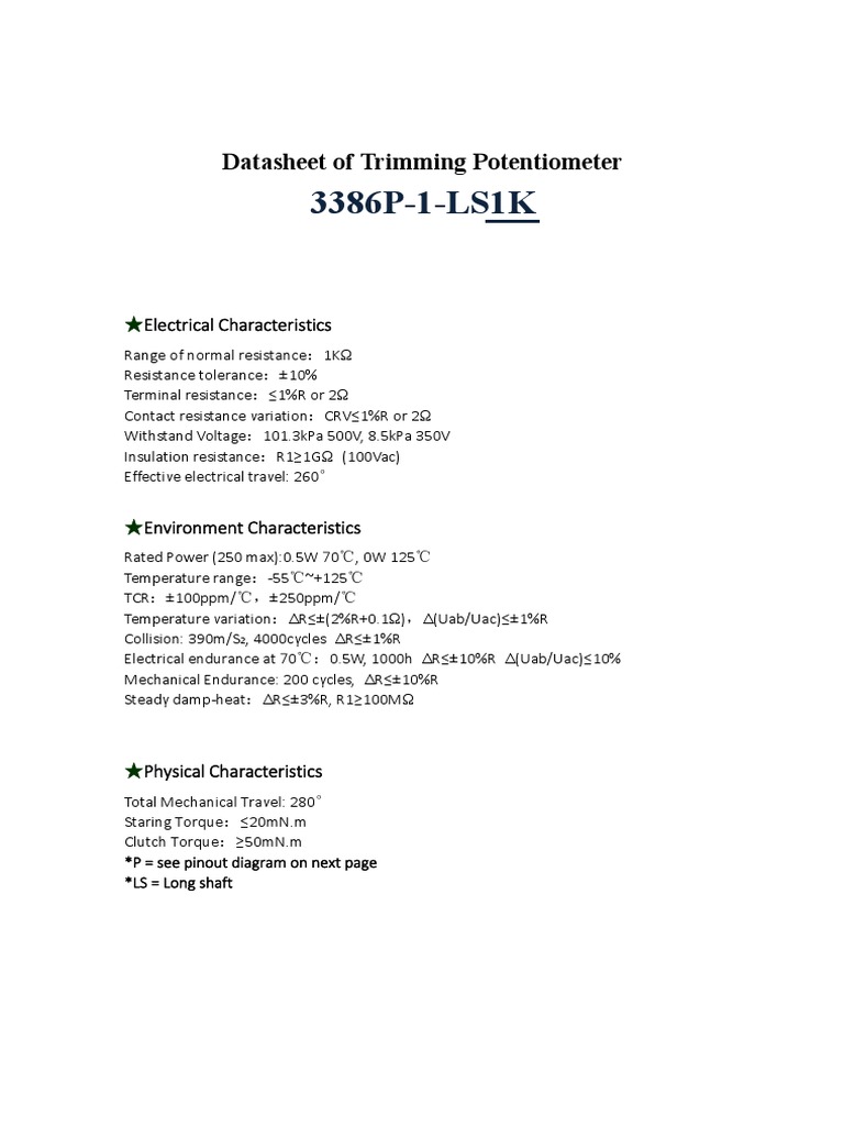 Trimming Potentiometer Datasheet 3386P-1 | PDF
