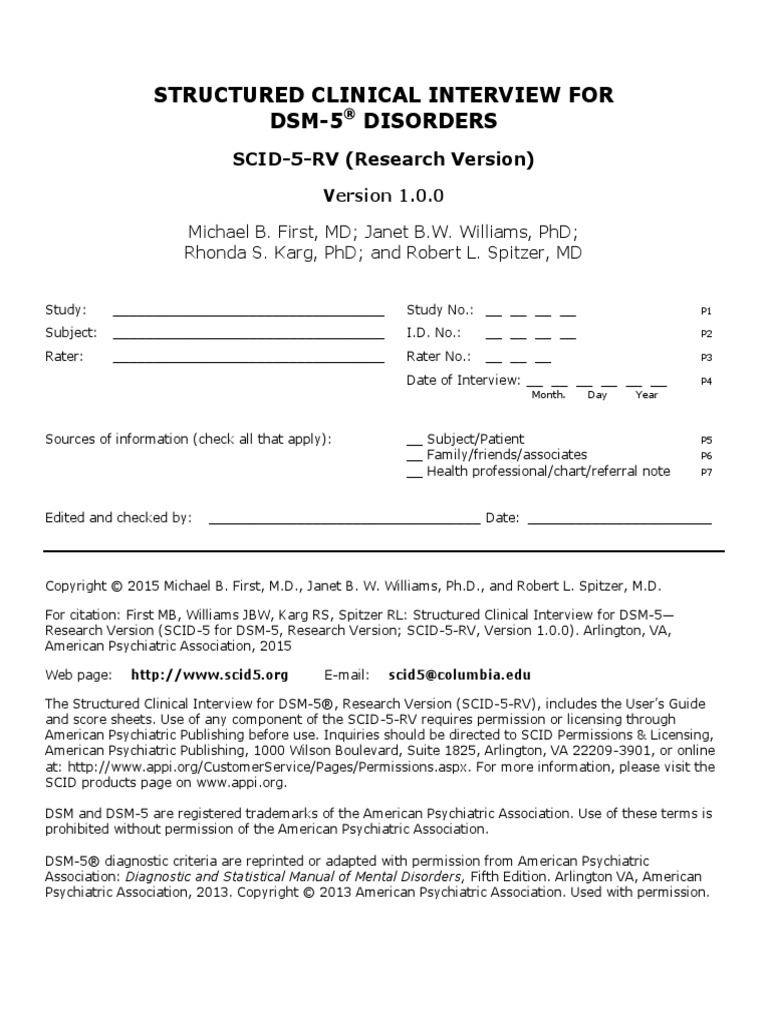 1-SCID-5-RV_Score_sheet_(V1.0.0) 2-13-15 | Diagnostic And Statistical ...