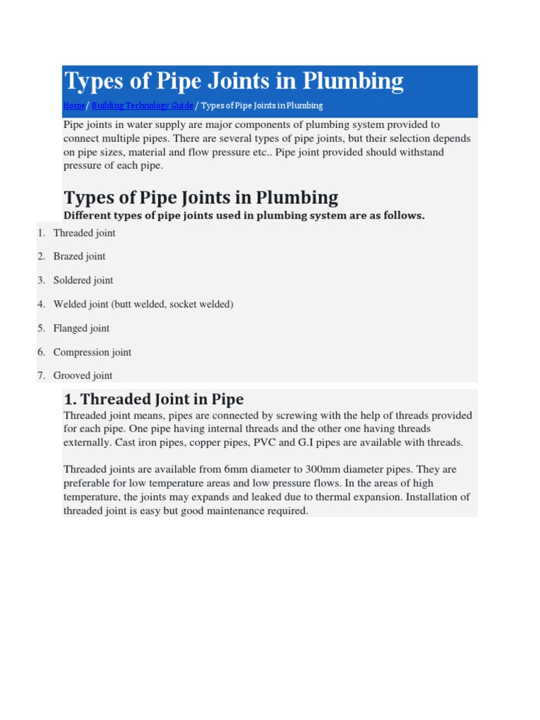 Types of Pipe Joints in Plumbing | PDF | Soldering | Pipe (Fluid ...