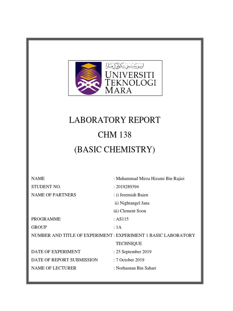 Lab Report Experiment 1 CHM 138 | PDF | Experiment | Physical Sciences