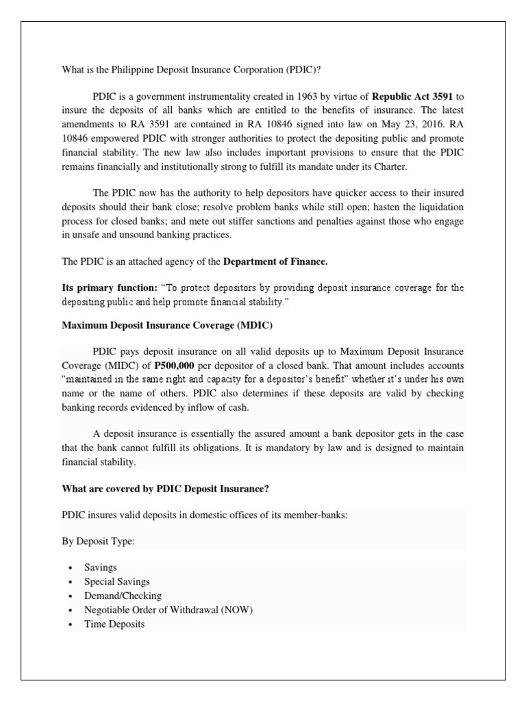 PDIC | PDF | Deposit Insurance | Deposit Account