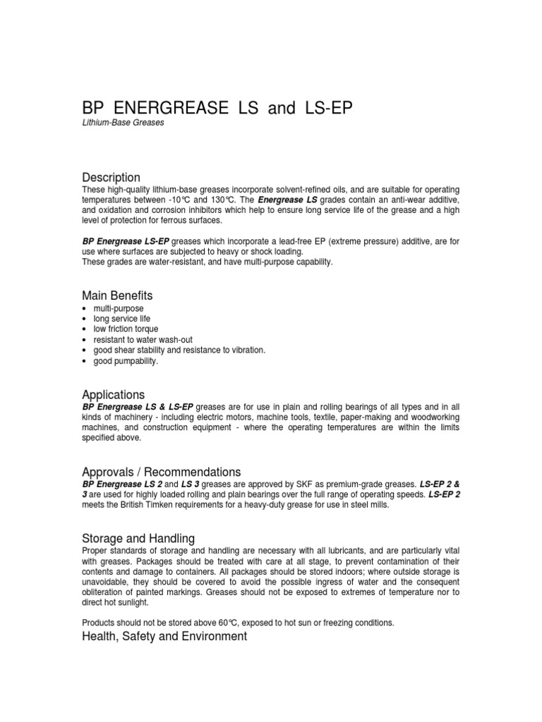 Energrease LS | PDF | Bearing (Mechanical) | Materials