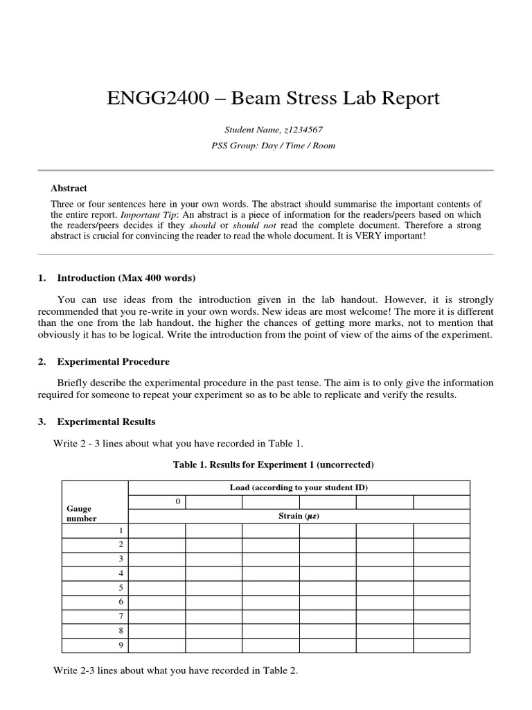 ENGG2400 Lab1 ReportTemplate | PDF | Bending | Mechanical Engineering