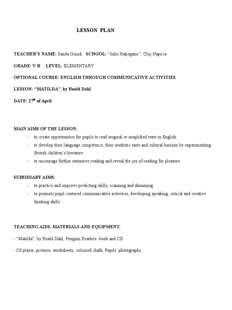 Lesson Plan - Matilda Rhoald Dahl | PDF | Reading Comprehension | Speed ...