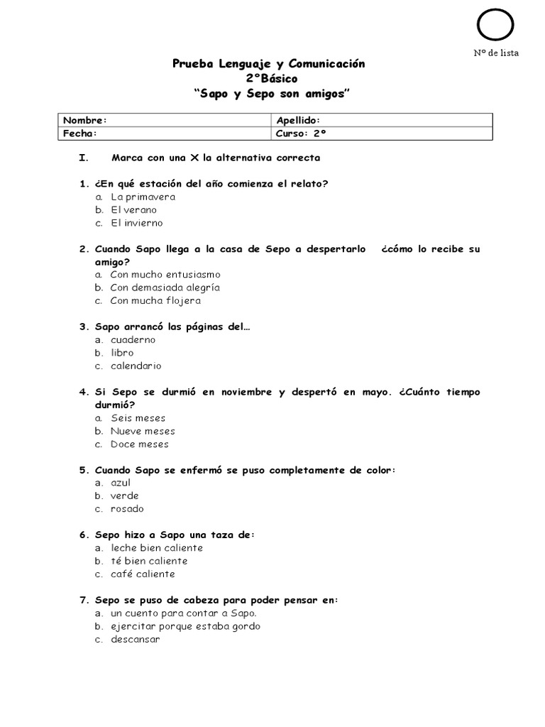 Prueba Sapo y Sepo Son Amigos | PDF