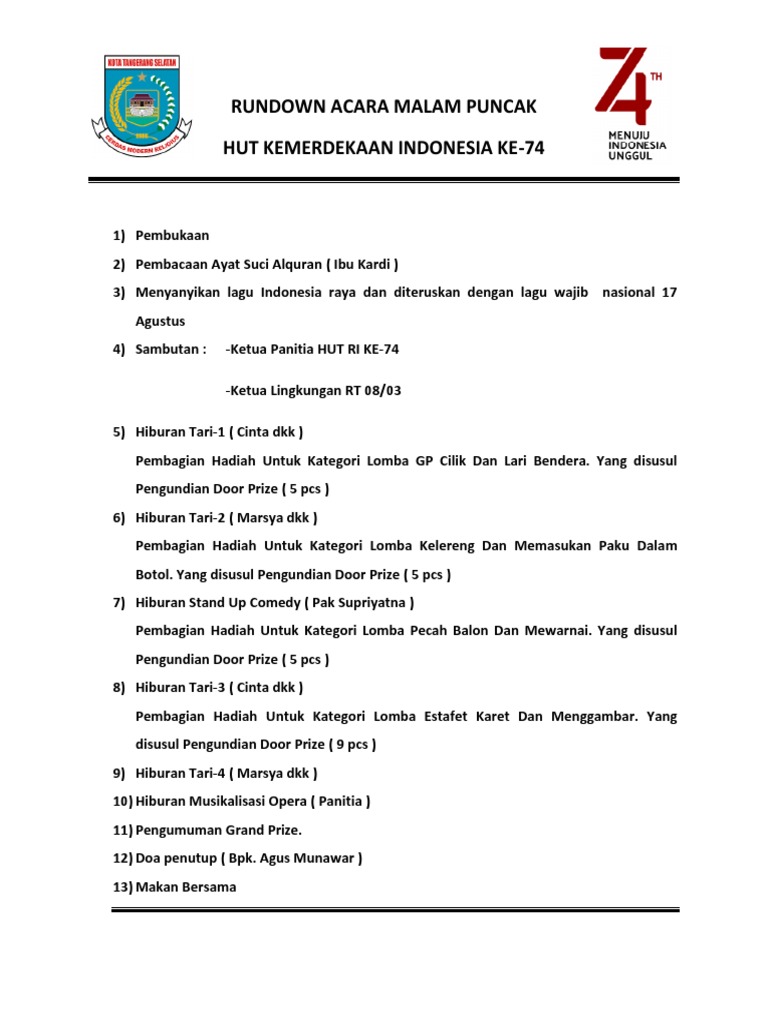 Rundown Acara Malam Puncak 74 | PDF