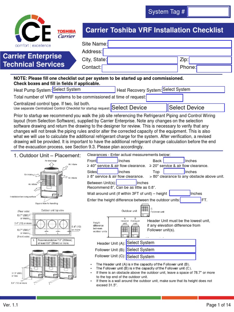 Carrier VRF System Installation Checklist: Outdoor Unit and Refrigerant ...