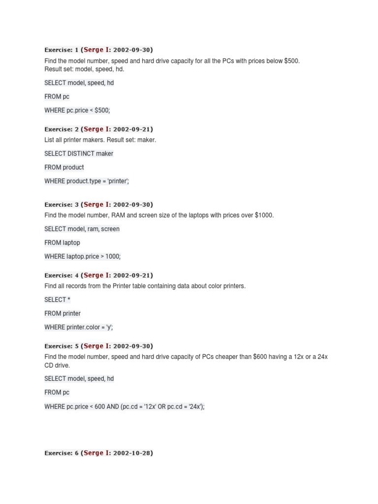 SQL EX - Ru Exercises | Download Free PDF | Personal Computers | Laptop