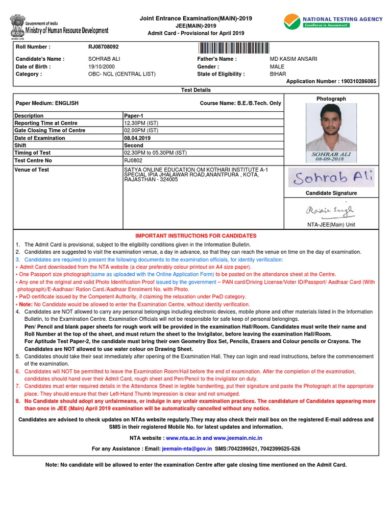 Jee Aspirant Admit Card | PDF | Identity Document | Government And ...