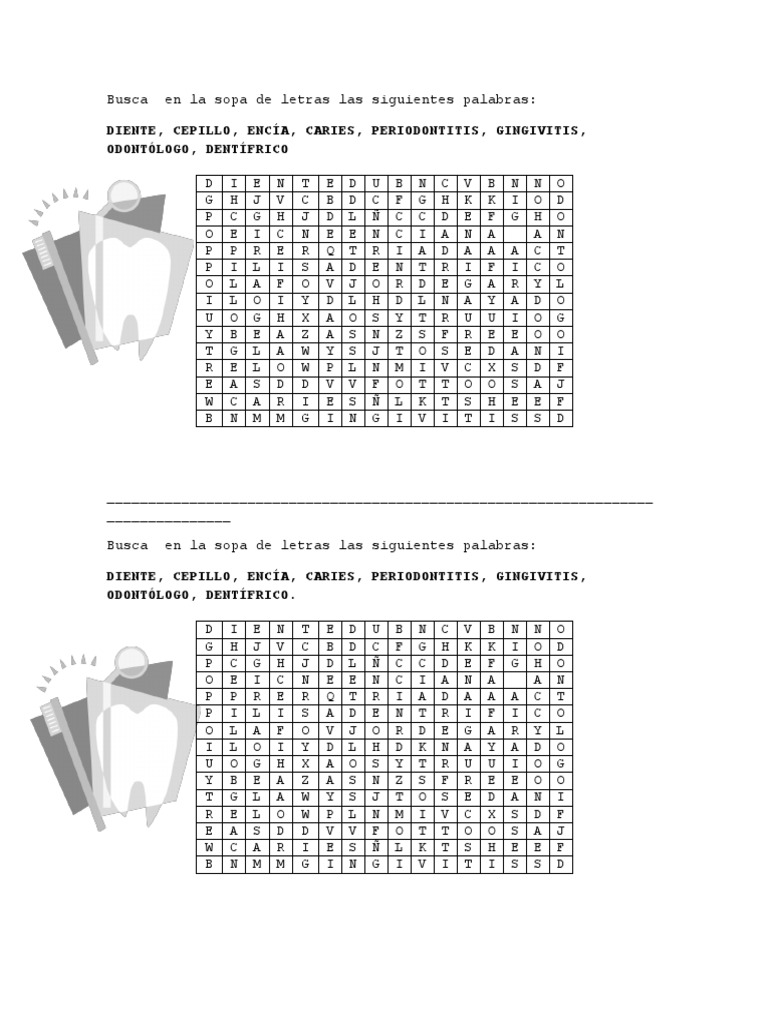 Sopa de letras: higiene bucal y dientes | PDF | Higiene oral | Odontología
