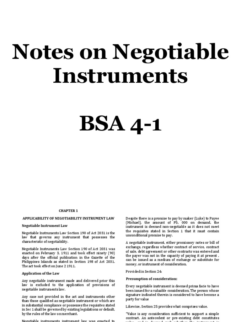 Notes On Negotiable Instruments | PDF | Negotiable Instrument | Forgery